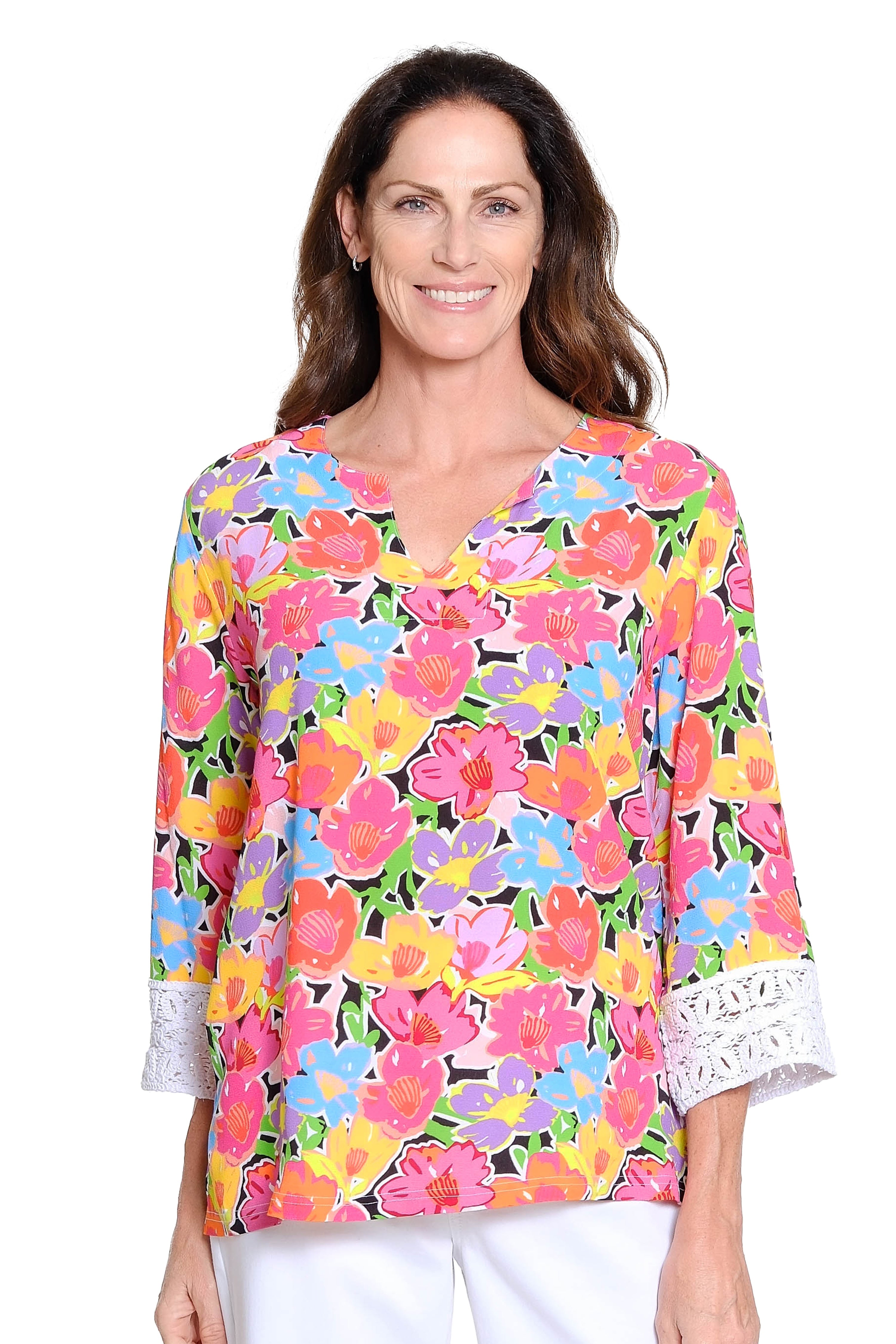 Notched Neck Top with Crochet Cuffs - Multi – TruLuxeJeans.com